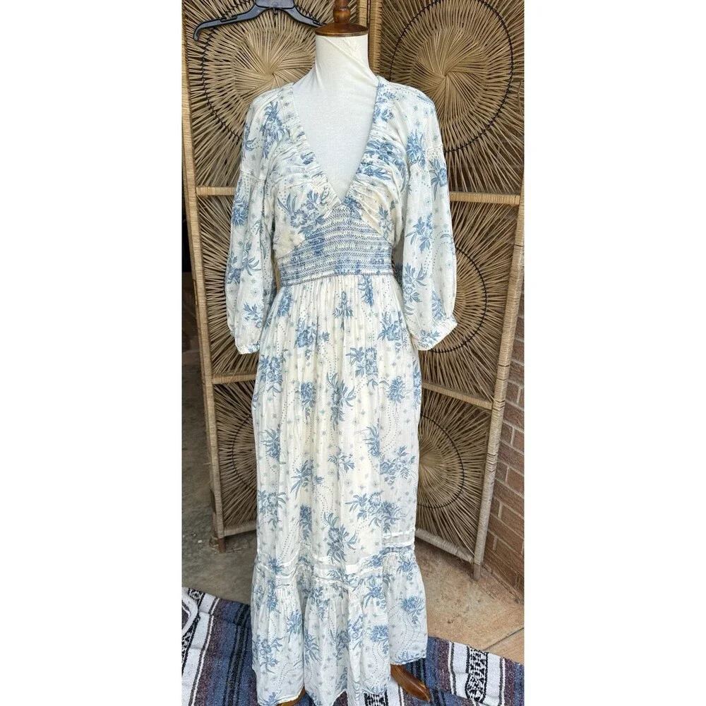 Free People | Dresses | Free People Golden Hour Blue Floral Cotton Maxi ...